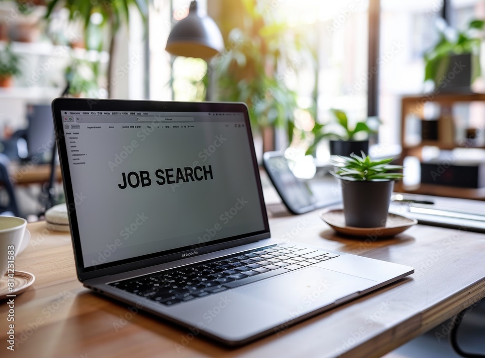 The laptop screen shows the text "JOB SEARCH" on the left side in black ...
