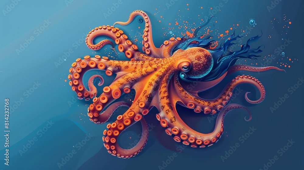 Octopus flat design top view, mysterious sea theme, water color ...