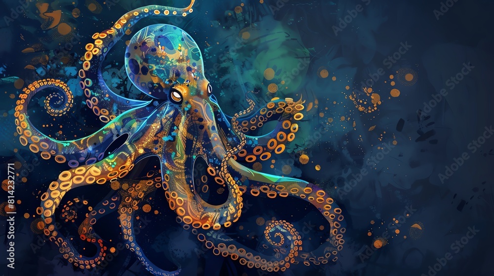 Octopus flat design top view, mysterious sea theme, water color ...