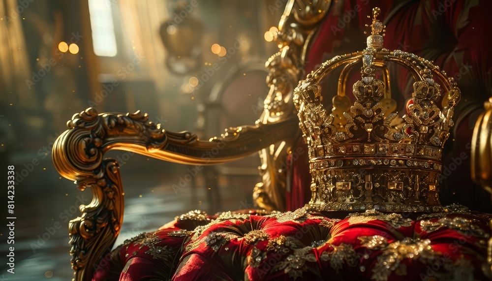 Visualize a majestic throne room with a gilded scepter and crown on a ...