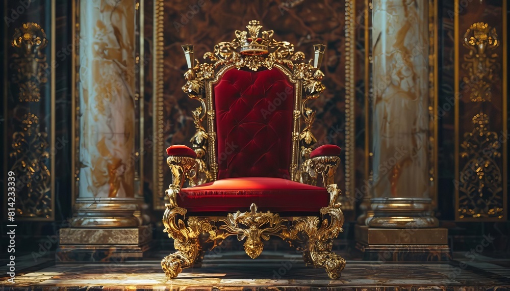 Visualize a majestic throne room with a gilded scepter and crown on a ...
