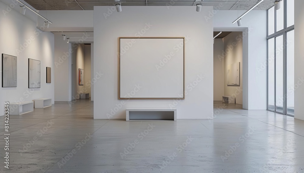 Visualize a modern art museum gallery with a blank frame on a white ...