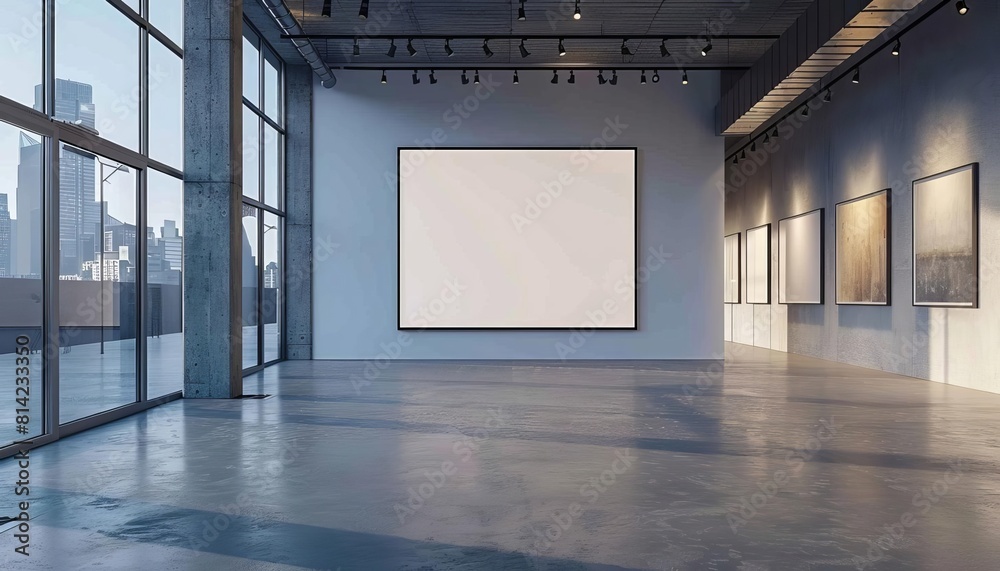 Visualize a modern art museum gallery with a blank frame on a white ...
