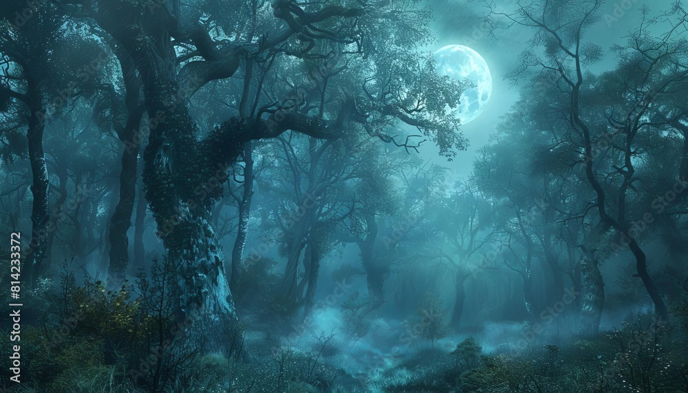 Visualize a mysterious forest shrouded in mist, where ancient myths and ...