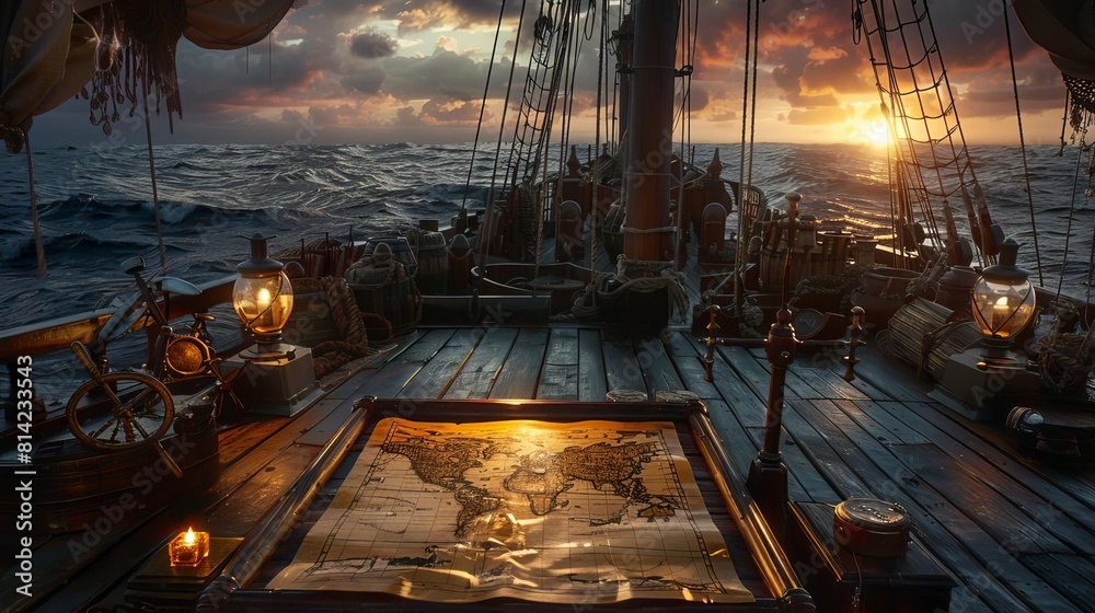 Visualize a navigator plotting a course on an ancient map, surrounded ...