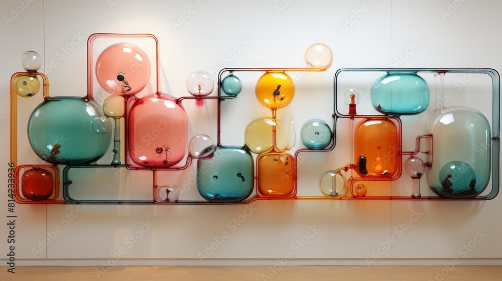 Colorful steel pipes on a white wall Each pipe is decorated with a ...