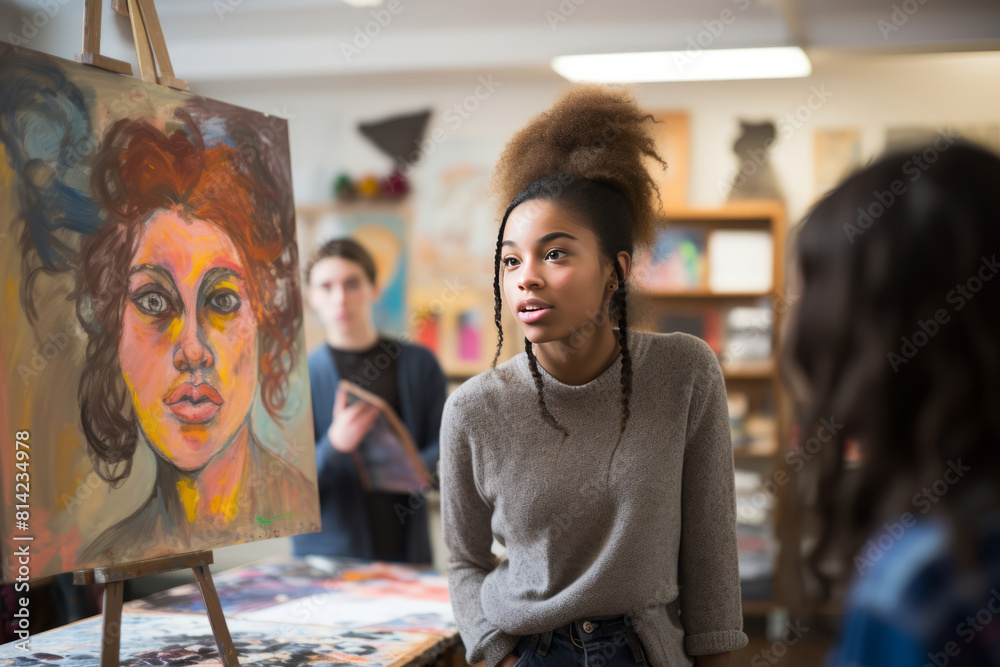 Aspiring artist stands beside her vibrant portrait painting during a ...