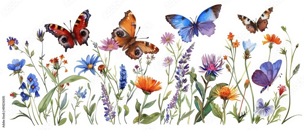 A set of watercolor drawings of various butterflies amidst wildflowers ...