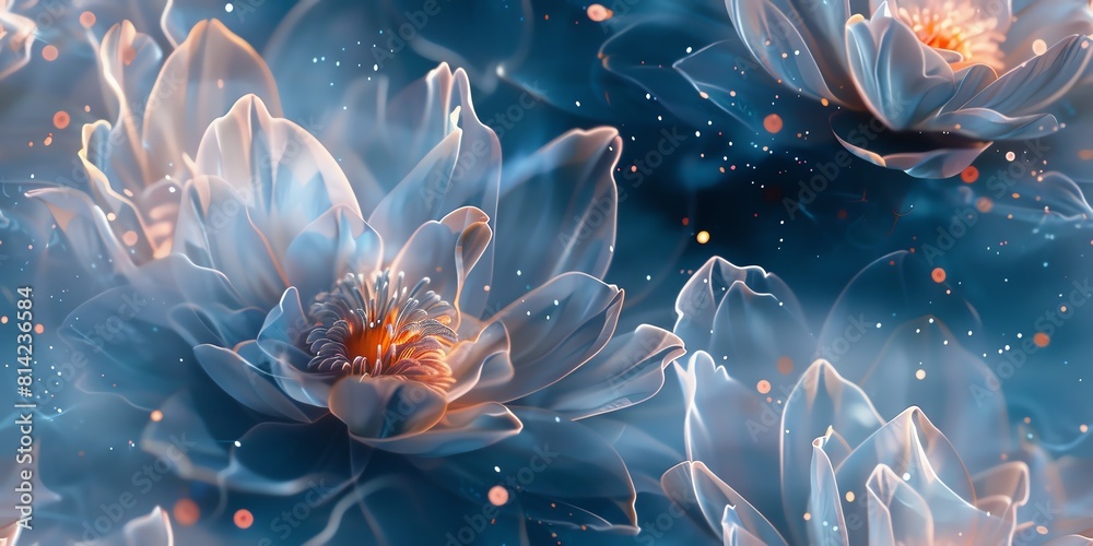 Imagine a scene where digital petals fall from a floating cybernetic ...