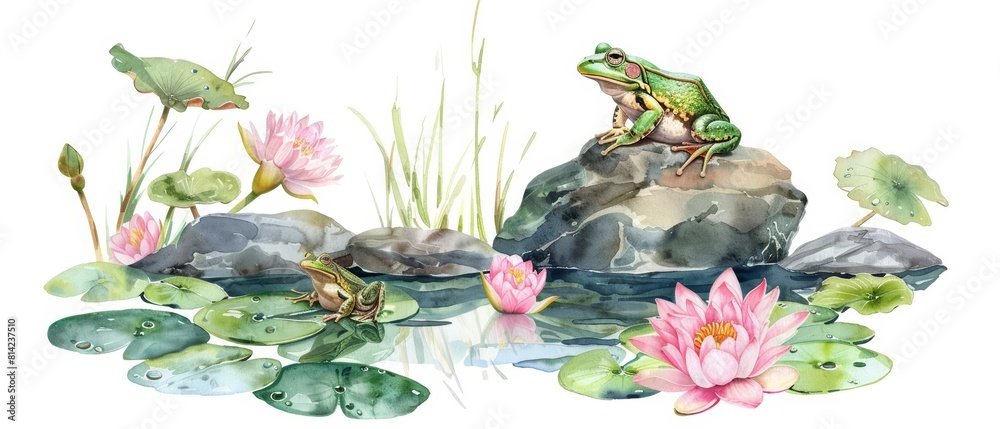 A watercolor of a serene pond scene with a frog and water lilies ...