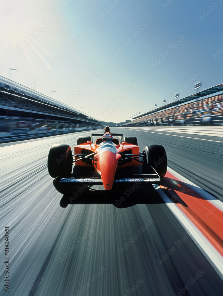 High-speed race car blasting down the track with motion blur ...