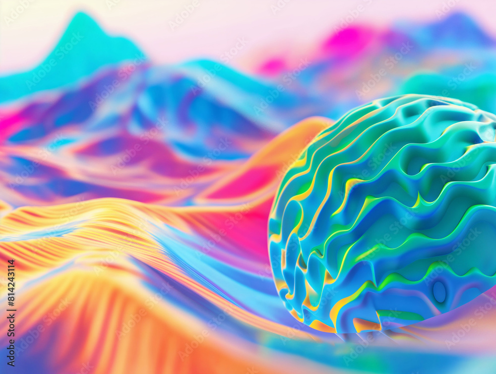 Iridescent heat map 3D topography, Futuristic geometric landscape concept with sphere, hills ...