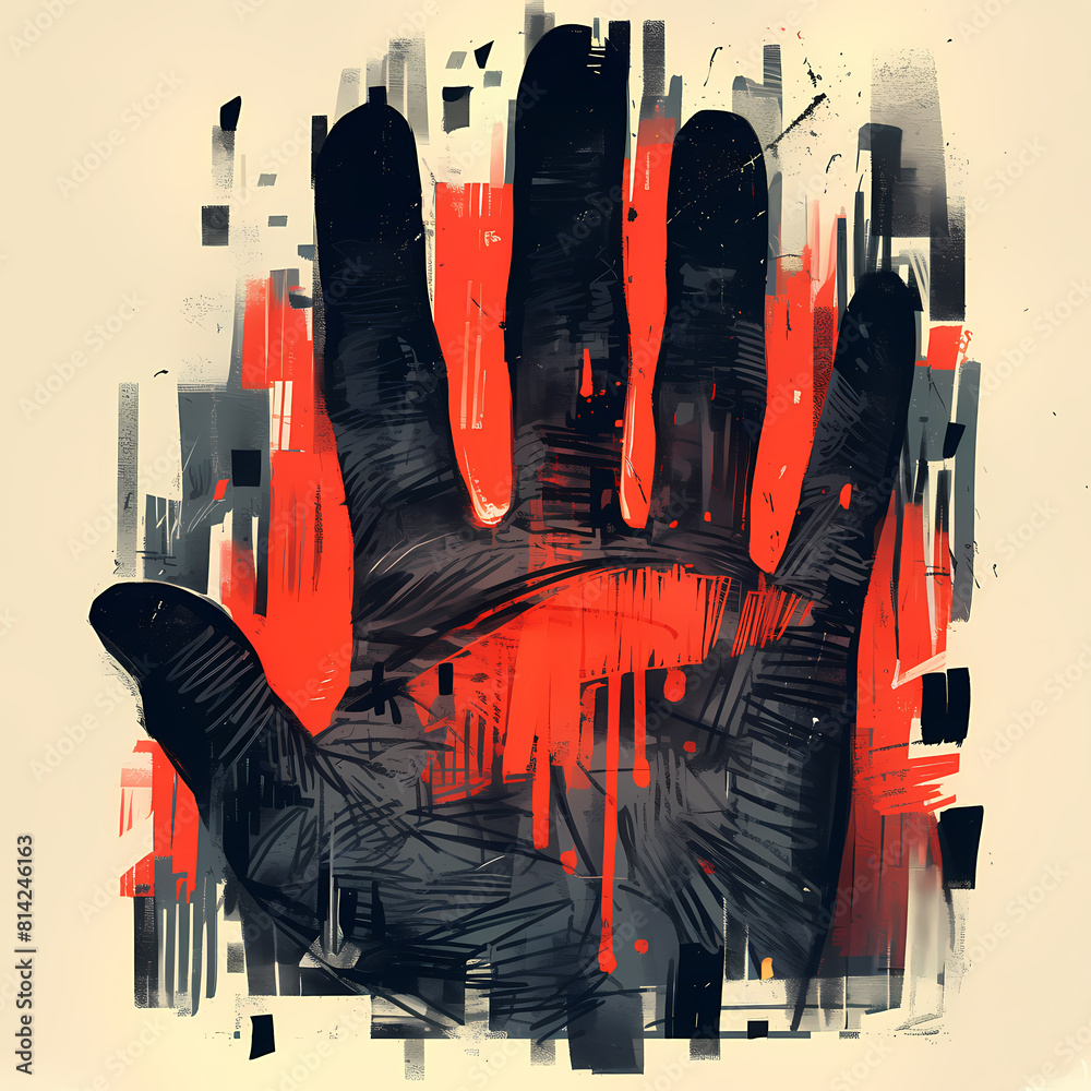 A bold and dramatic graphic illustration of a bloody handprint with ...