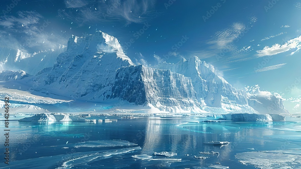 Visualize a vast Arctic landscape with towering glaciers and icebergs ...