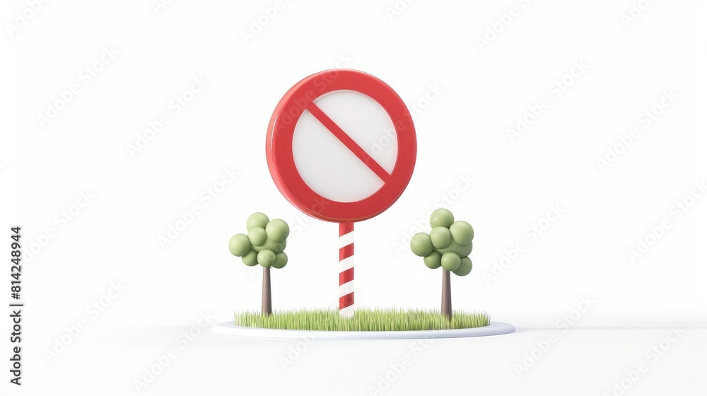 Cartoon illustration of a red and white no entry sign on a plain white ...