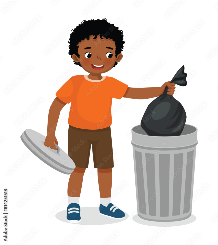 Cute little African boy taking out the trash in garbage bag into ...