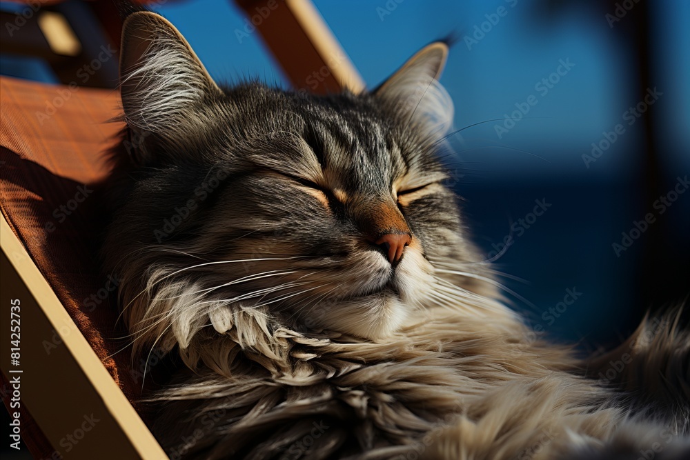 Relaxed cat sunbathing on beach chair, enjoying the warm sun in a ...