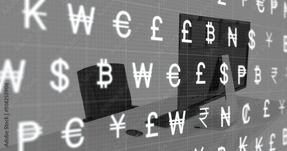 Image of currency symbols over office desk with computer Stock Photo ...