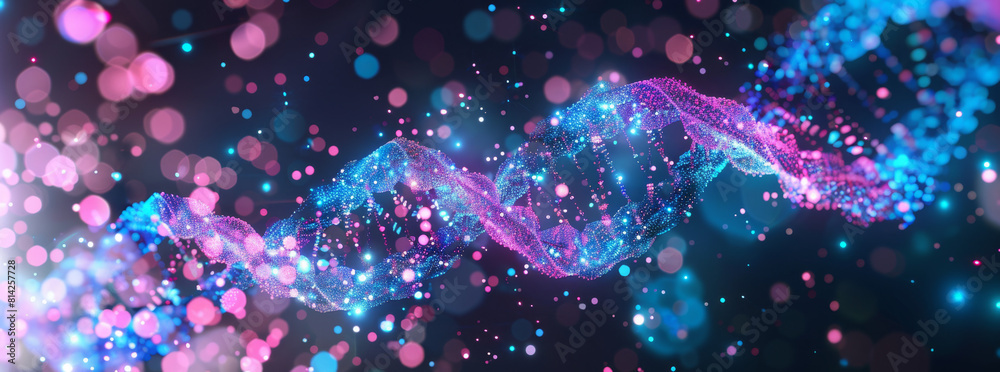 Abstract neon pink and blue DNA spiral on a dark background with bokeh ...
