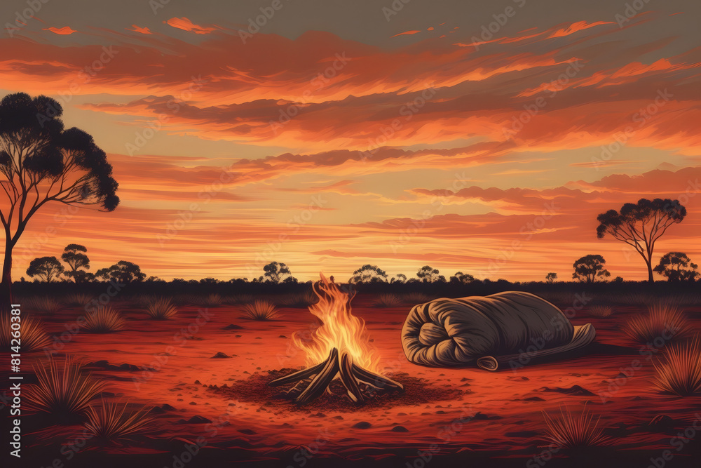 Charming illustration: Aussie Outback campsite with swag and campfire ...