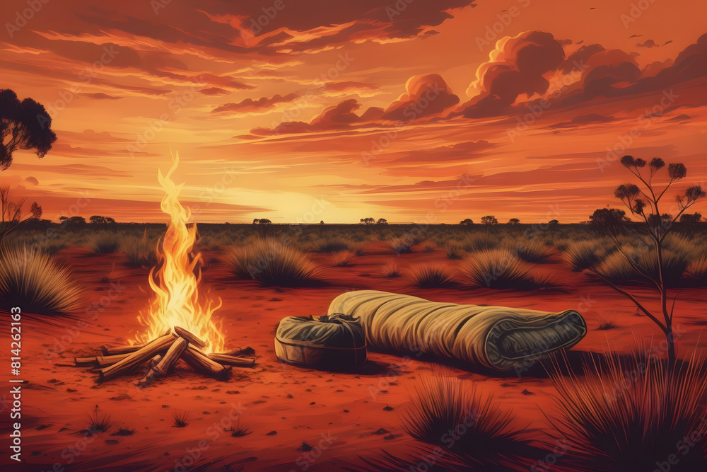 Charming illustration: Aussie Outback campsite with swag and campfire. Simple living under ...
