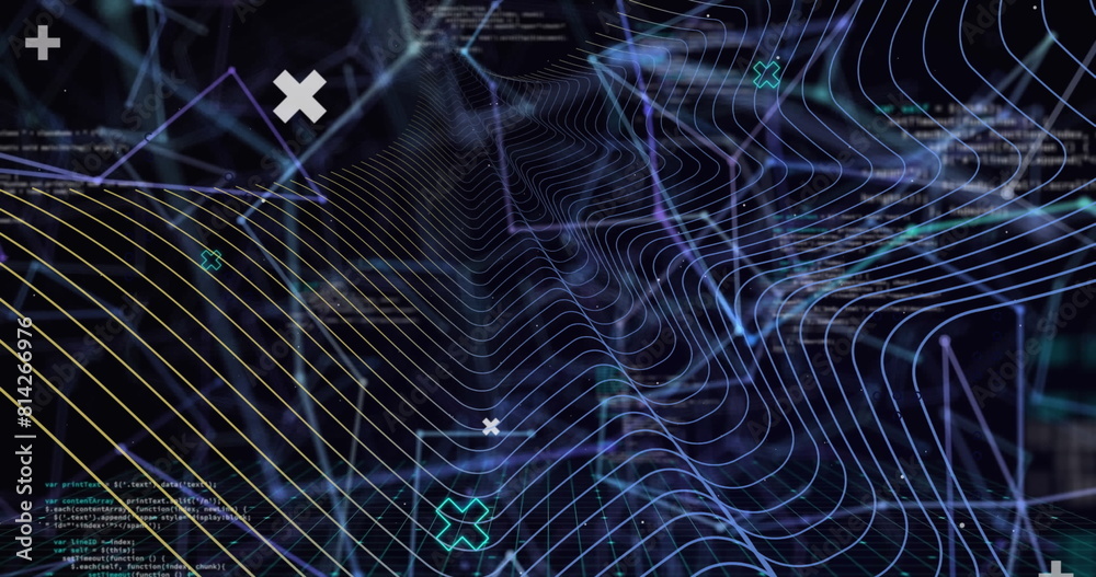 Image Of Digital Dots Interconnecting With Lines And Programming Data With Wave Patterns Stock