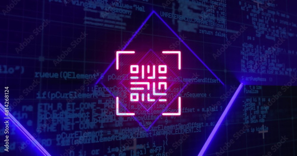 Image of qr code in rhombus pattern over programming language against black background Stock ...