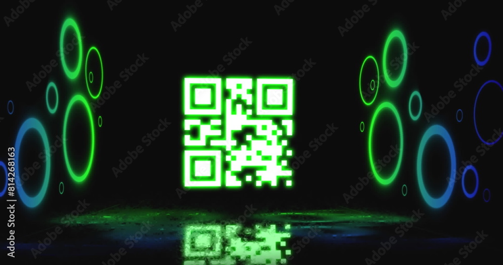 Image of flickering neon green qr code scanner and circular shapes ...