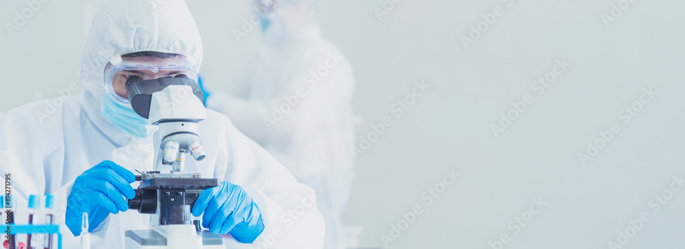 Banner Scientist man look Microscope research in science laboratory ...