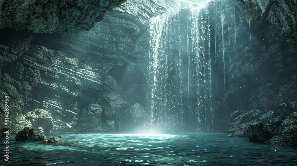 A gentle waterfall in a cave, where ambient occlusion emphasizes the ...