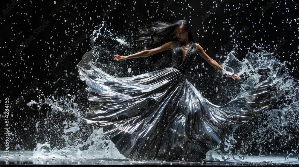 A high fashion model wearing a flowing gown made of liquid chrome ...