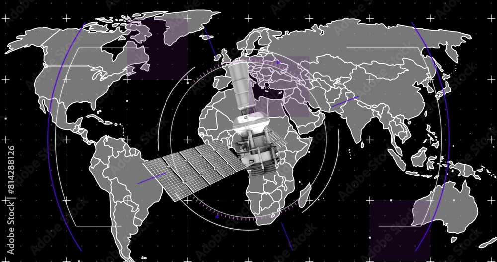 Image of satellite over world map and scope scanning on black ...