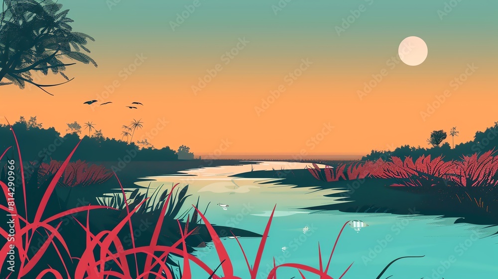 River delta flat design side view, natural theme, animation ...