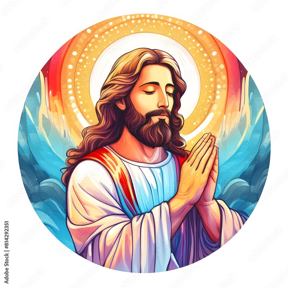Praying Jesus sticker illustration image with circular background Stock ...