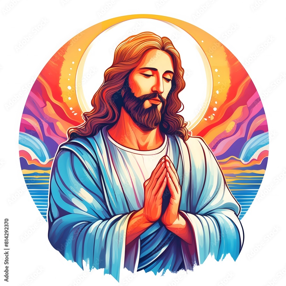 Praying Jesus sticker illustration image with circular background Stock ...