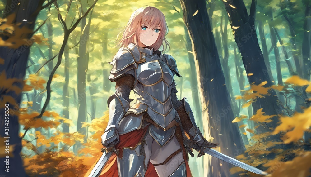 Medieval Elegant Anime Female Knight with Armor, Shield, and Sword in ...