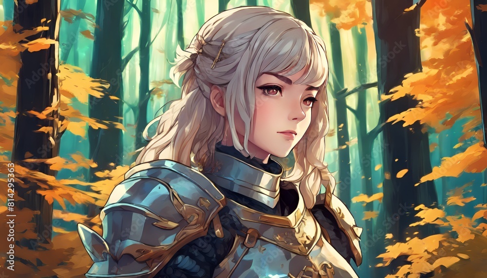 Medieval Elegant Anime Female Knight with Armor, Shield, and Sword in ...