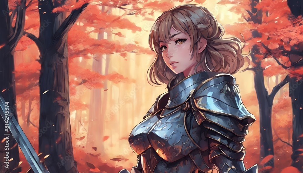Medieval Elegant Anime Female Knight with Armor, Shield, and Sword in ...