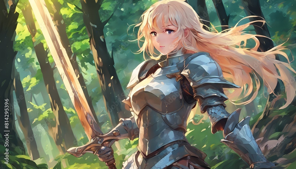 Medieval Elegant Anime Female Knight with Armor, Shield, and Sword in ...