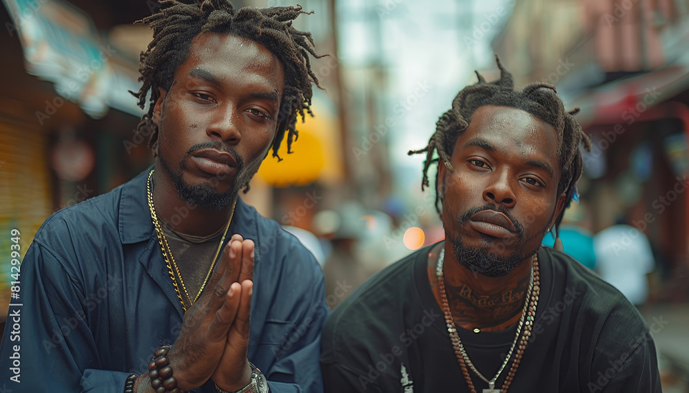 Two men with serious expressions in urban area - Twin brothers with ...