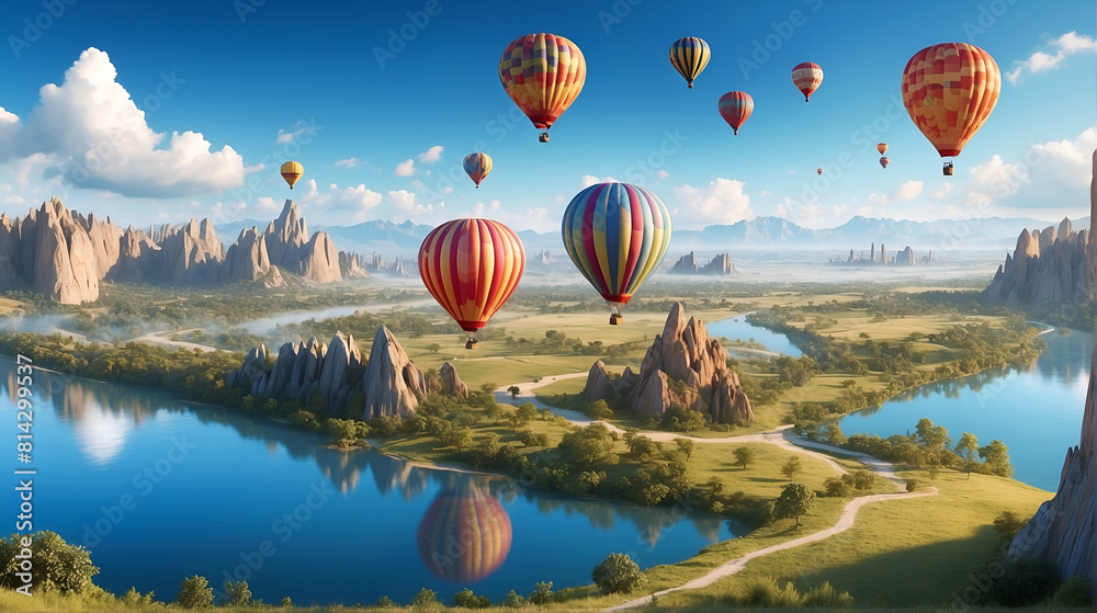 Hot air balloons fly over the fantasy world with castle, river and ...