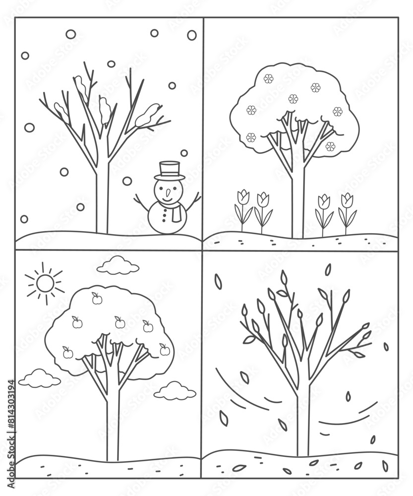 set of four seasons, Four seasons coloring page for kids, seasons ...