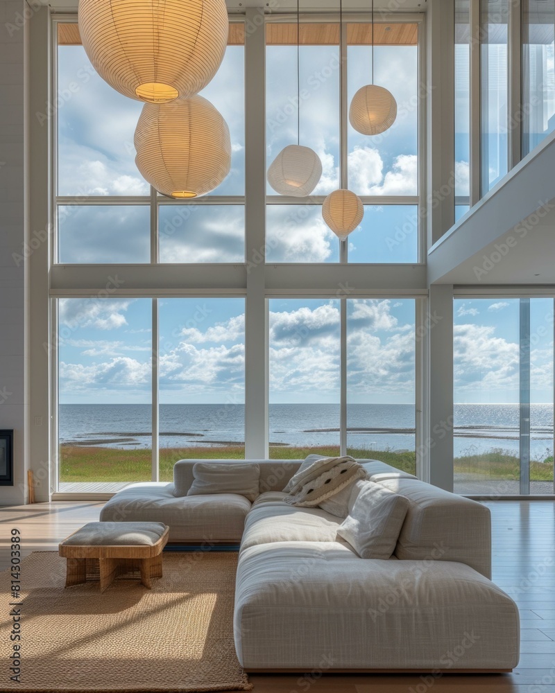 A modern living room with a large glass window looking out onto the ...