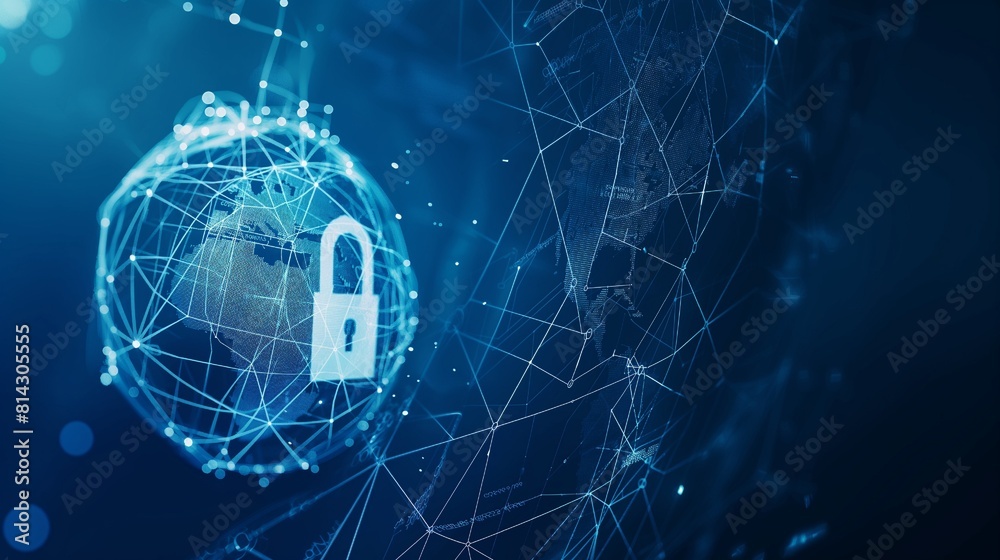 globe with a three-dimensional lock on a blue background with a line ...