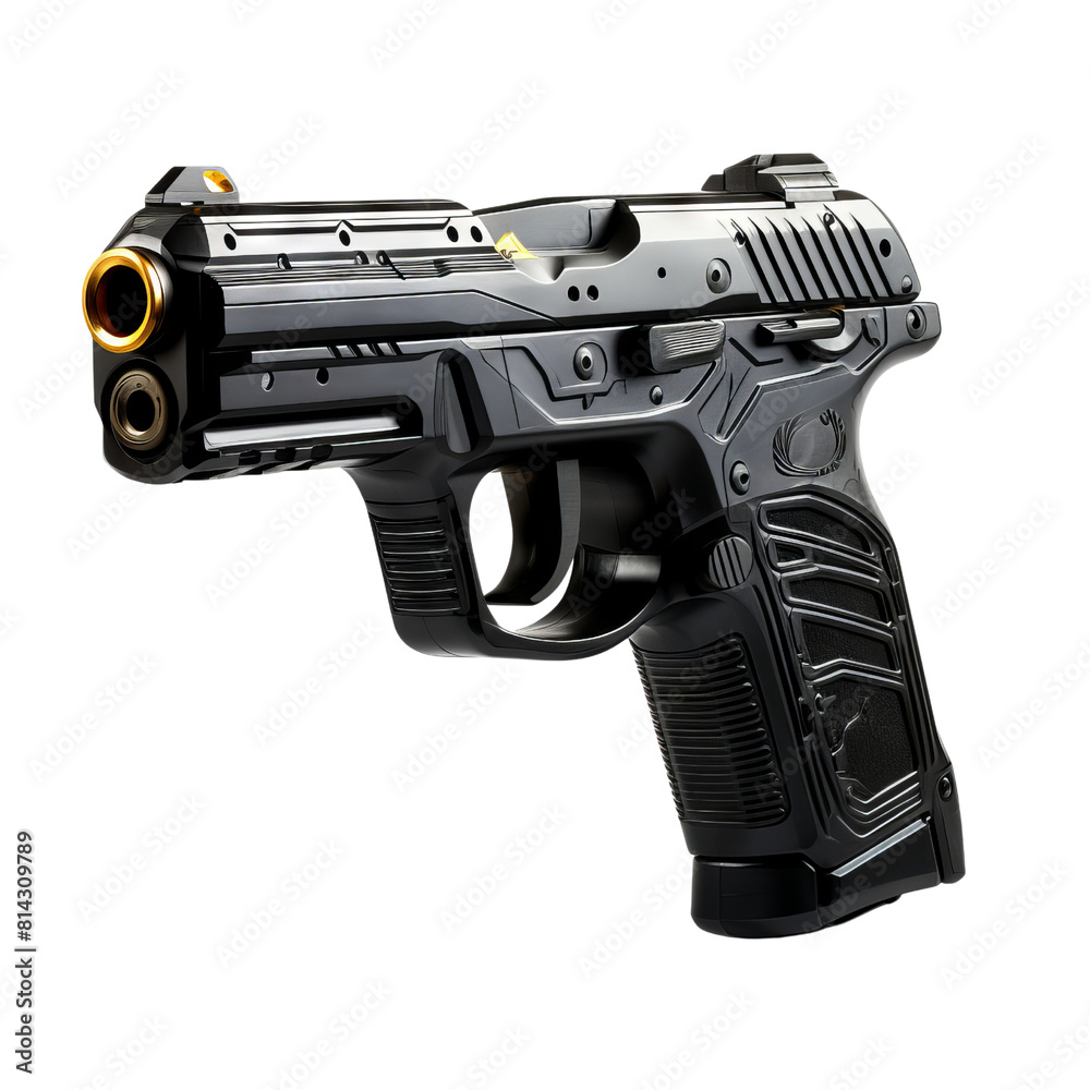 Black semi-automatic pistol with two golden barrels on a black ...