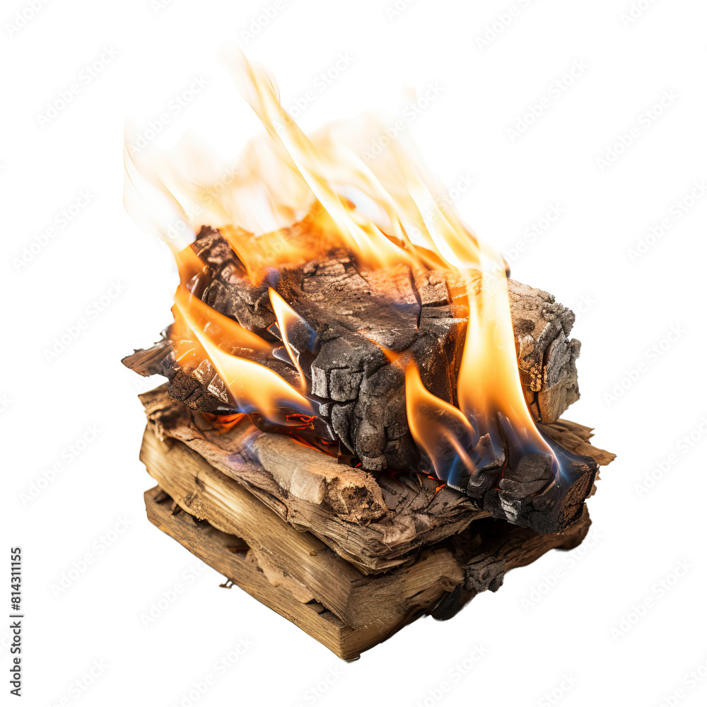 The image shows a stack of burning books with a transparent background ...