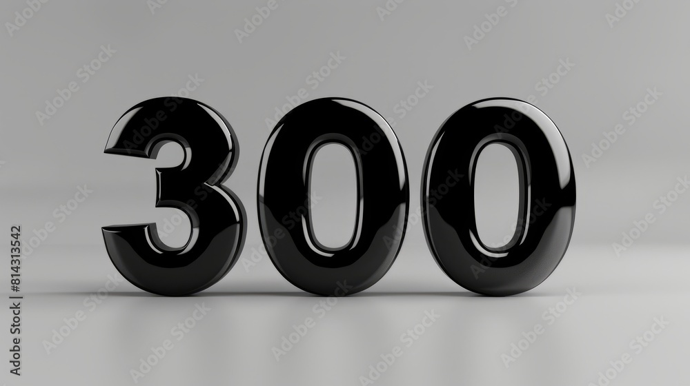 Realistic glossy number 300 shown in 3D style imitation on a plain grey ...