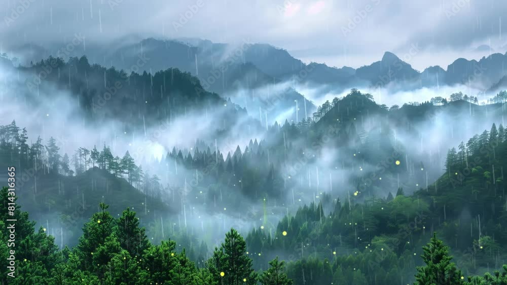 panoramic mountain in misty forest. seamless looping overlay 4k virtual ...