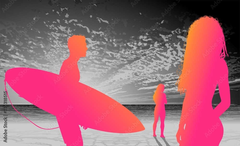 surfistas, contraluz, vector, tabla, surf, mar, atardecer, mujer ...