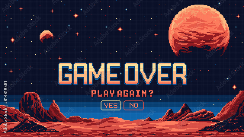 8 bit pixel art video game over screen, mars planet surface landscape ...